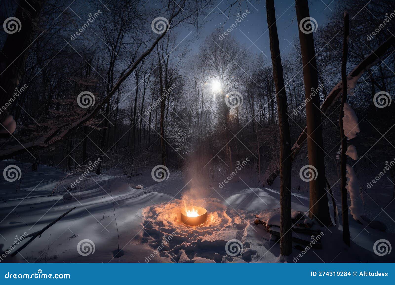 Campfire Surrounded by Snow-covered Trees, with the Moon Shining ...
