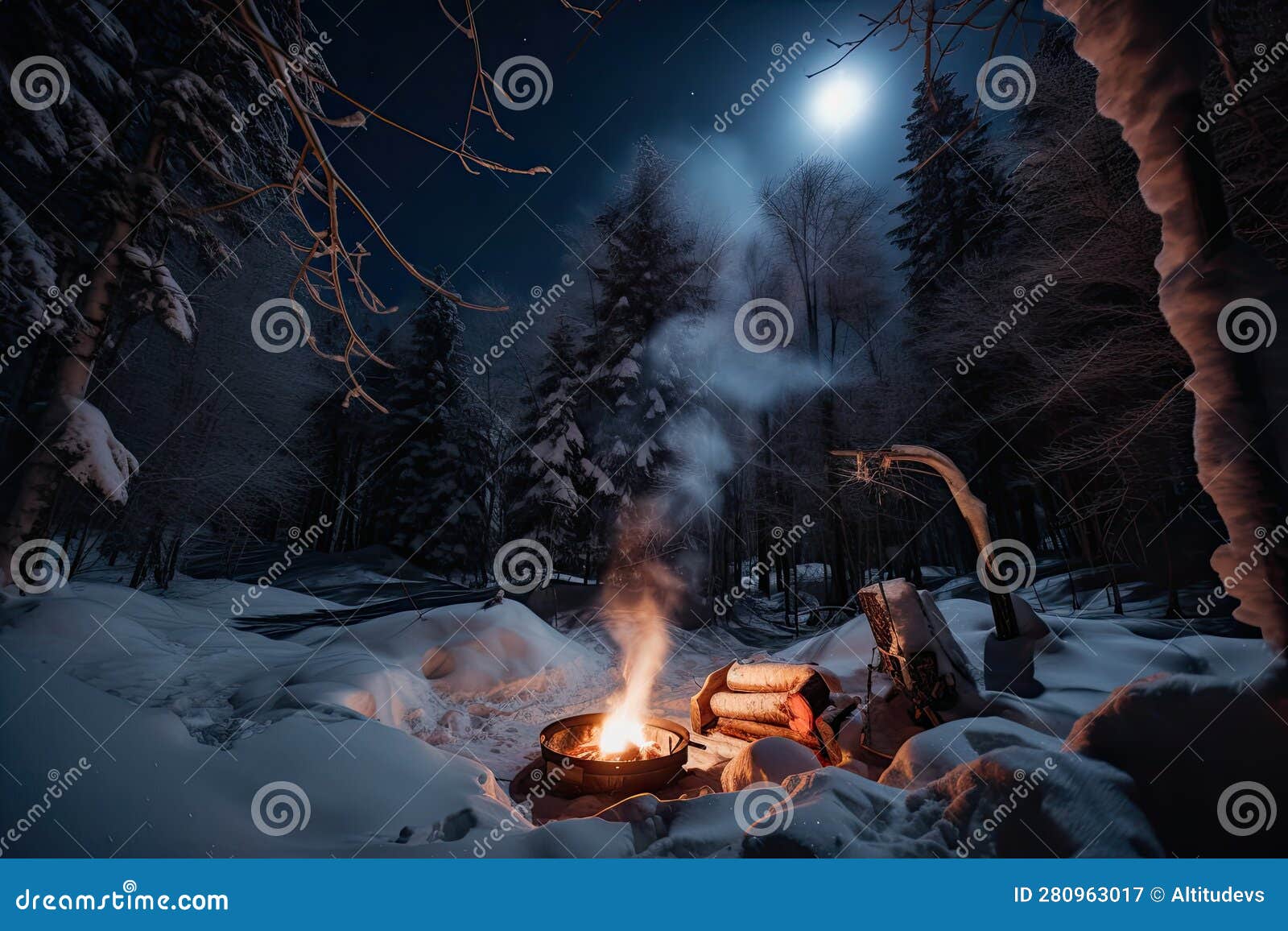 Campfire Surrounded by Snow-covered Trees, with the Moon Shining ...
