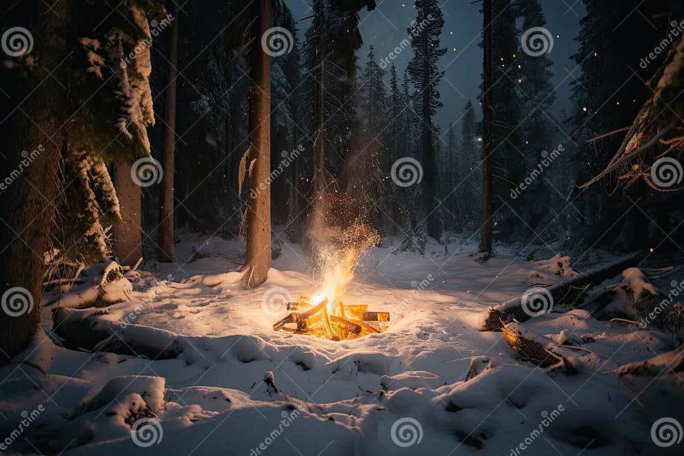 Campfire Surrounded by Towering Pine Trees, with Snowflakes Drifting Down Stock Illustration ...