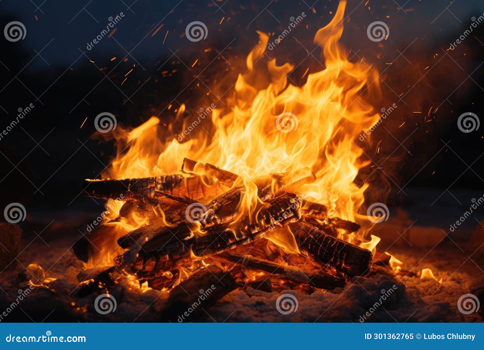 Campfire at Touristic Camp at Nature . Flame Amd Fire Sparks on Dark ...