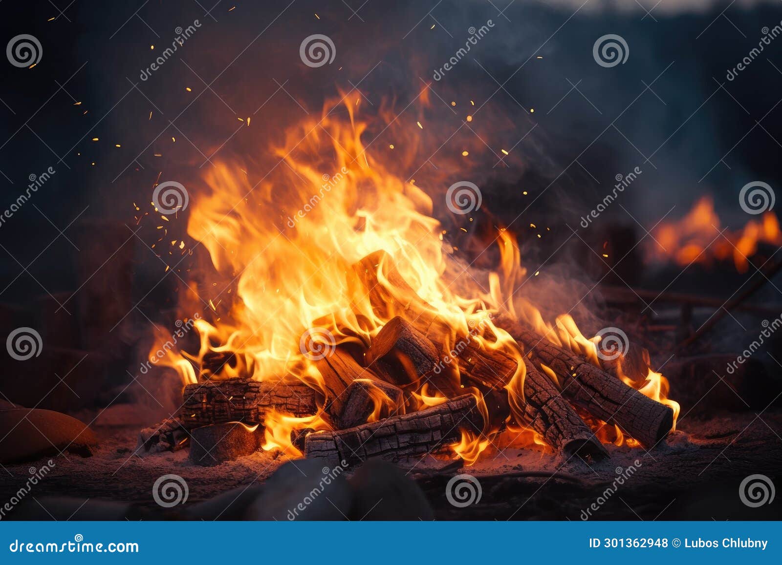 Campfire at Touristic Camp at Nature . Flame Amd Fire Sparks on Dark ...