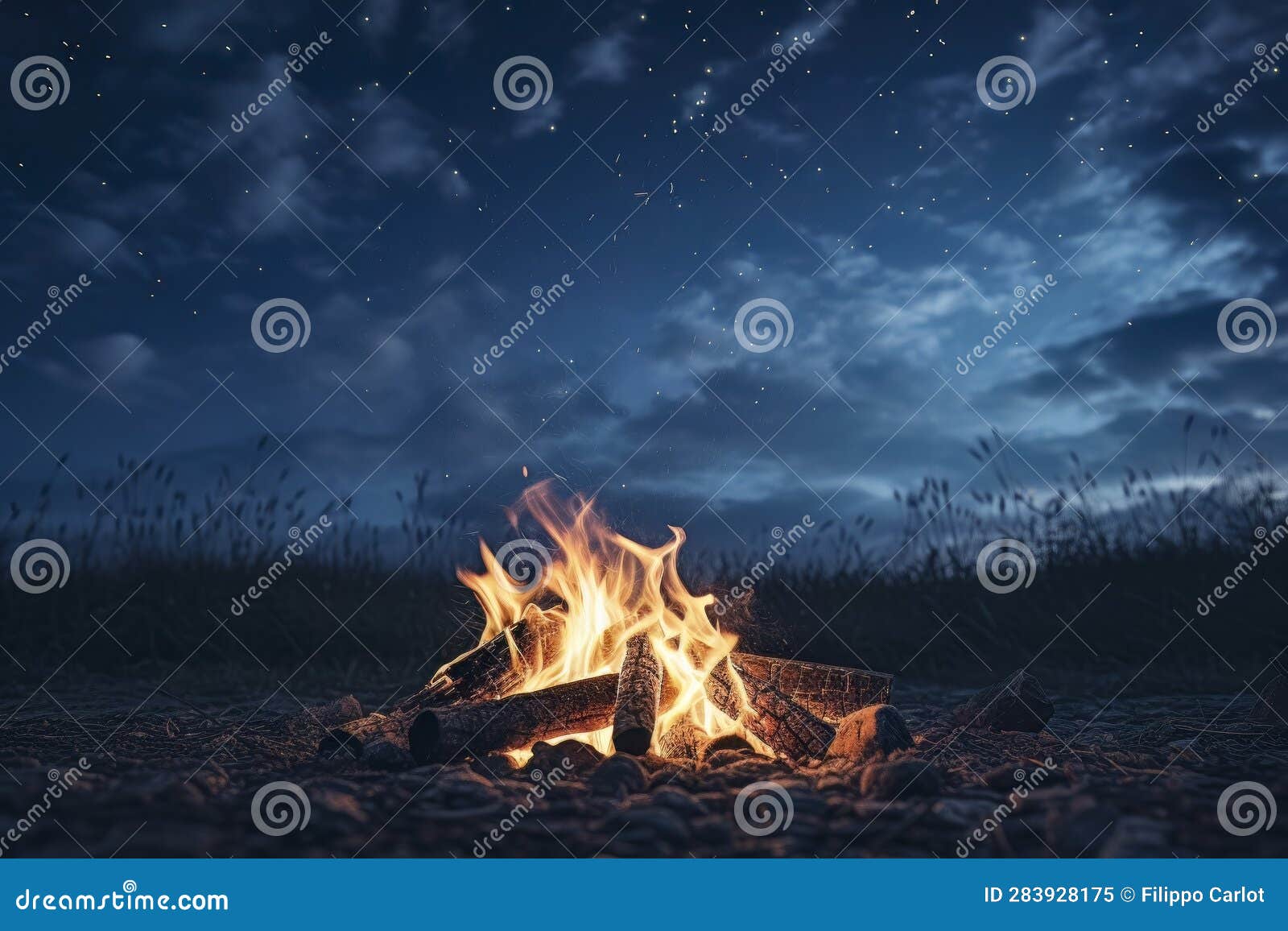 Campfire Under Starry Night Sky Stock Illustration - Illustration of ...