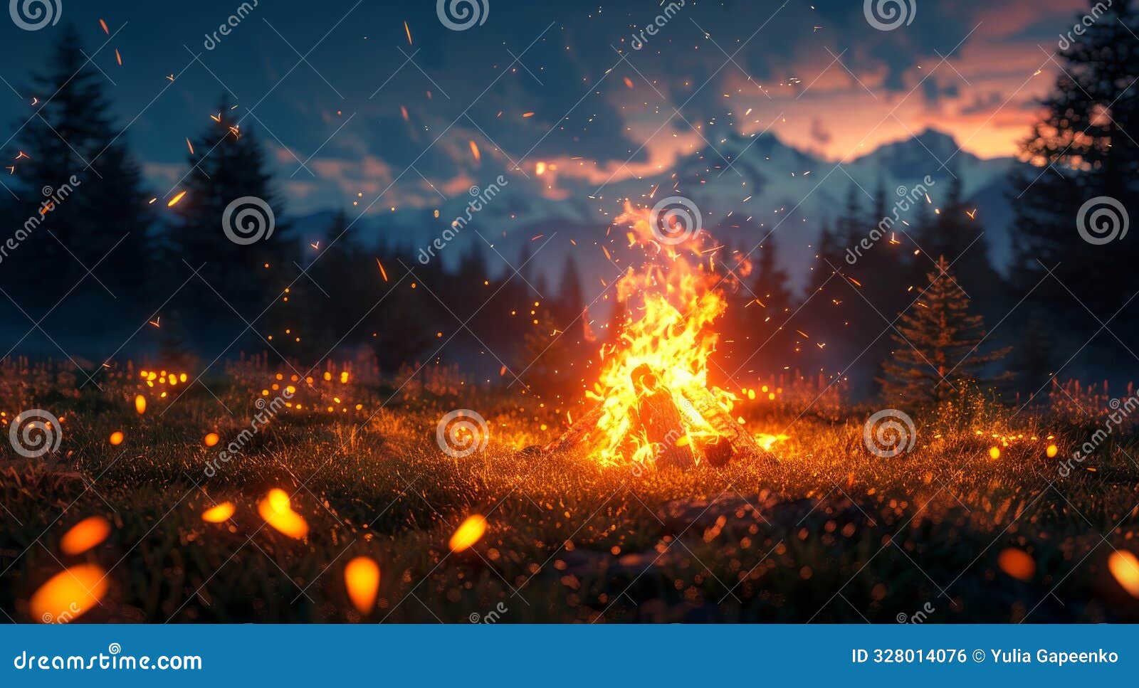 Campfire Under a Starry Sky with Mountain Views at Twilight Stock Photo ...