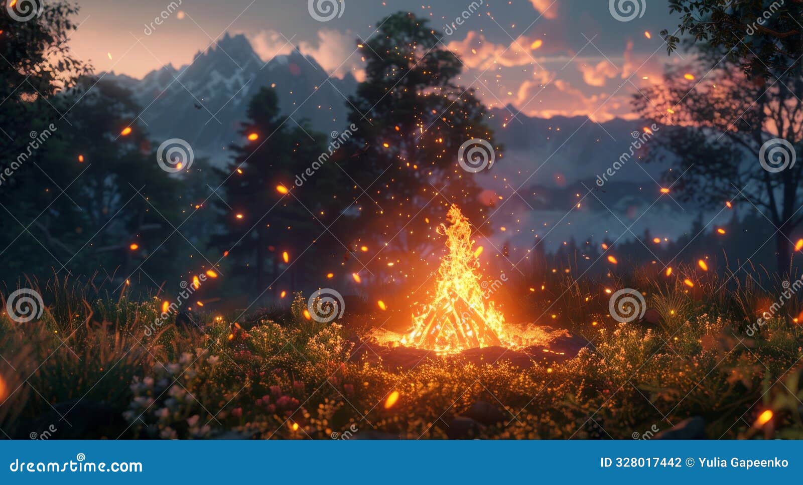 Campfire Under a Starry Sky with Mountain Views at Twilight Stock Photo ...
