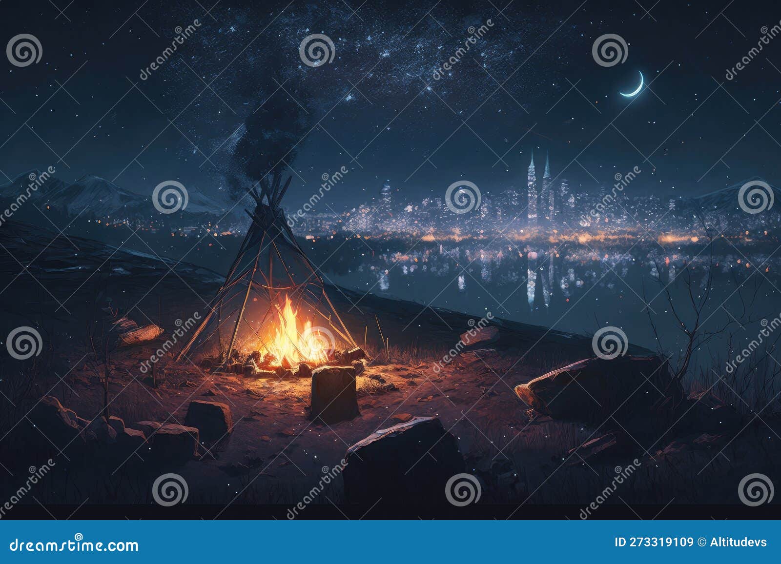 Campfire Under Starry Sky, with View of Megapolis in the Background ...