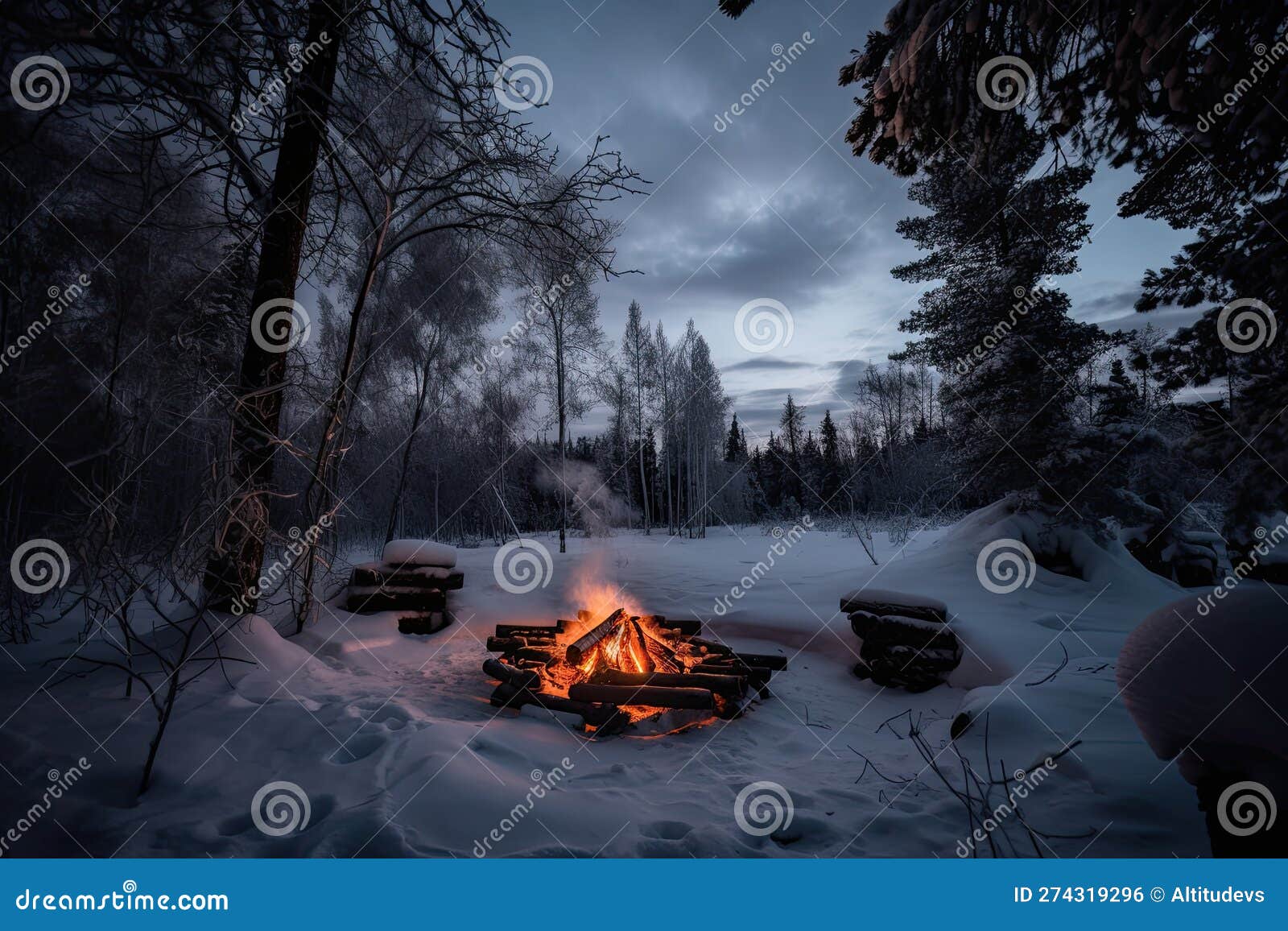 Campfire with View of Snow-covered Trees, Surrounded by Silence and ...