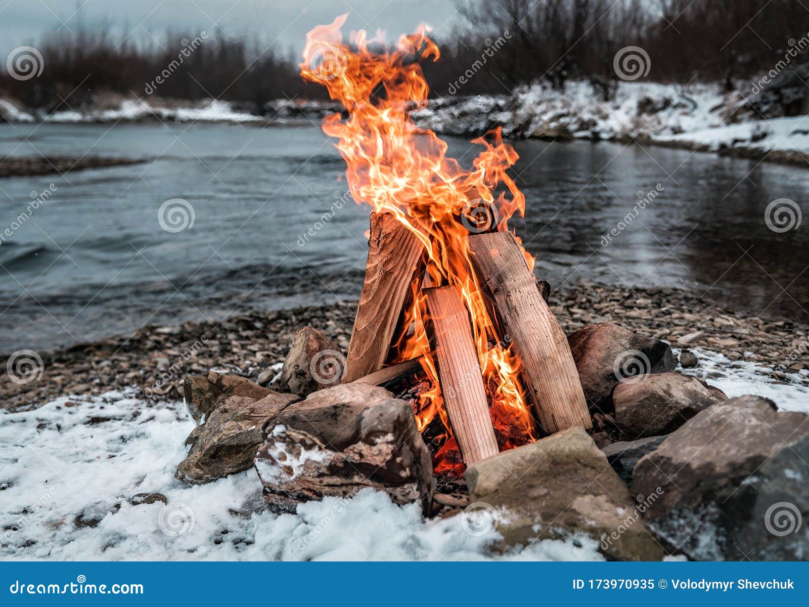 Campfire on the Winter River Bank Stock Image - Image of bright, sand ...