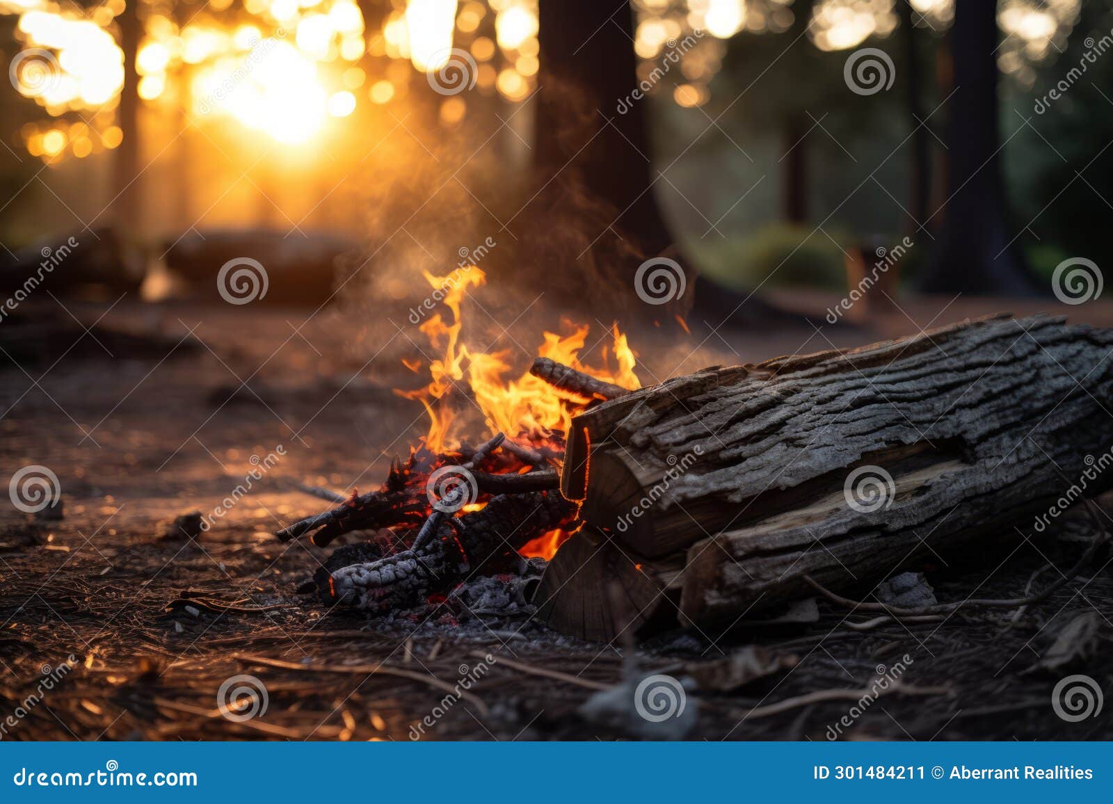 A Campfire in the Woods with the Sun Setting Behind it Stock ...