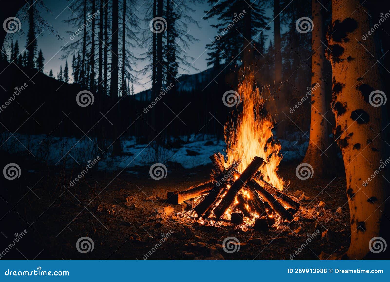 Campfire in the Woods, Warm Atmosphere Inside the Forest Late at Night ...