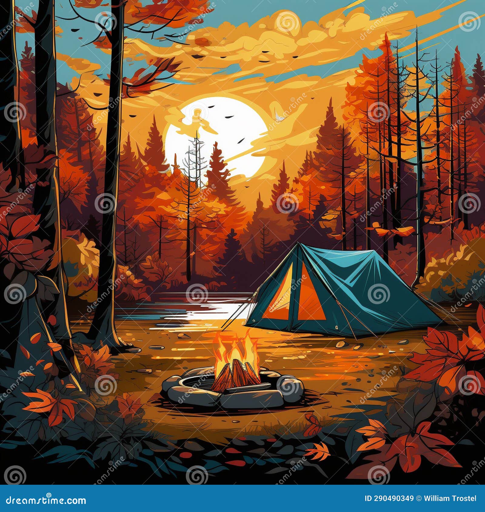 Campground during Sunset with Large Setting Sun in the Background ...