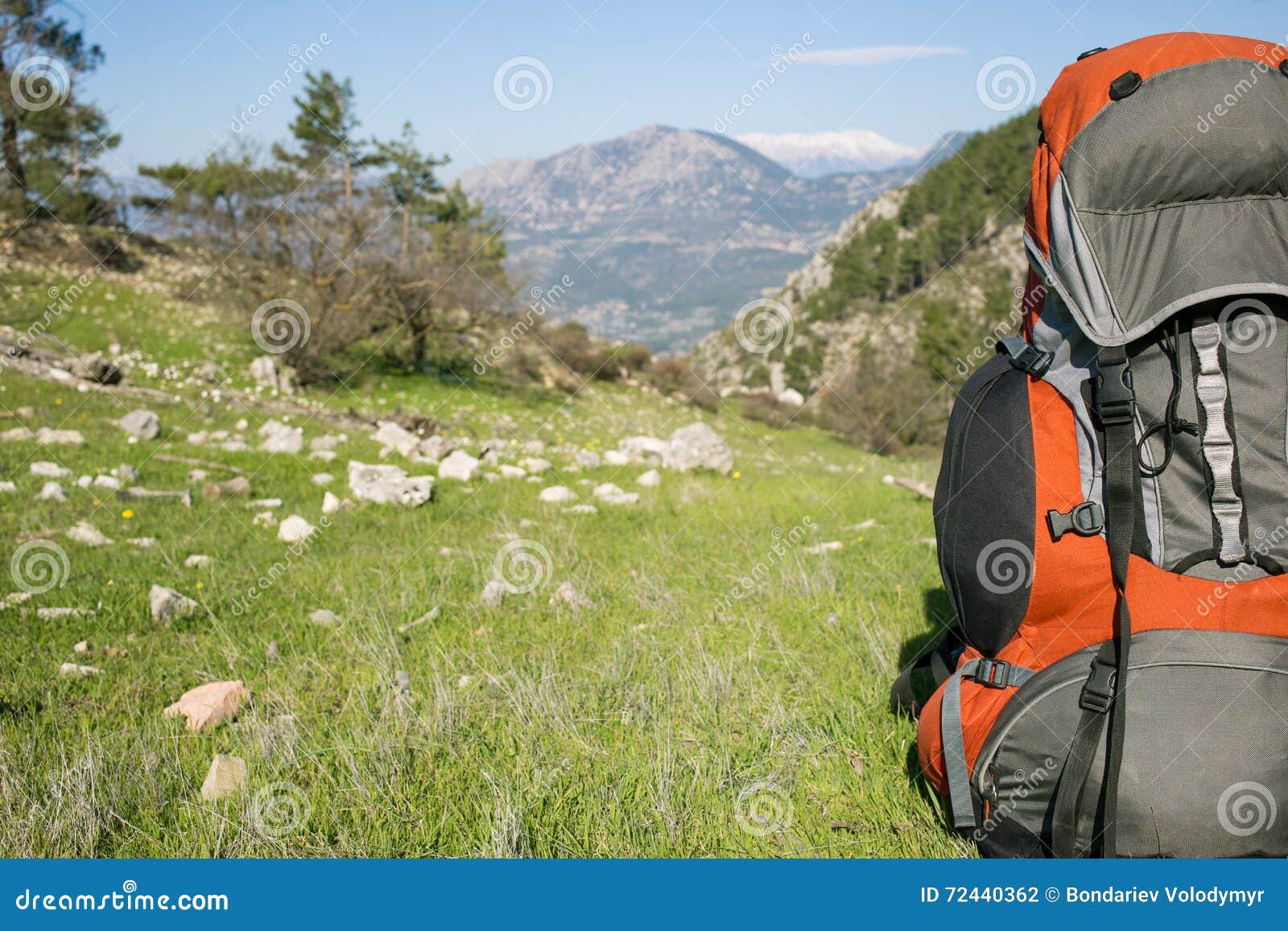 Camping with Backpacks in the Mountains. Stock Photo - Image of green ...