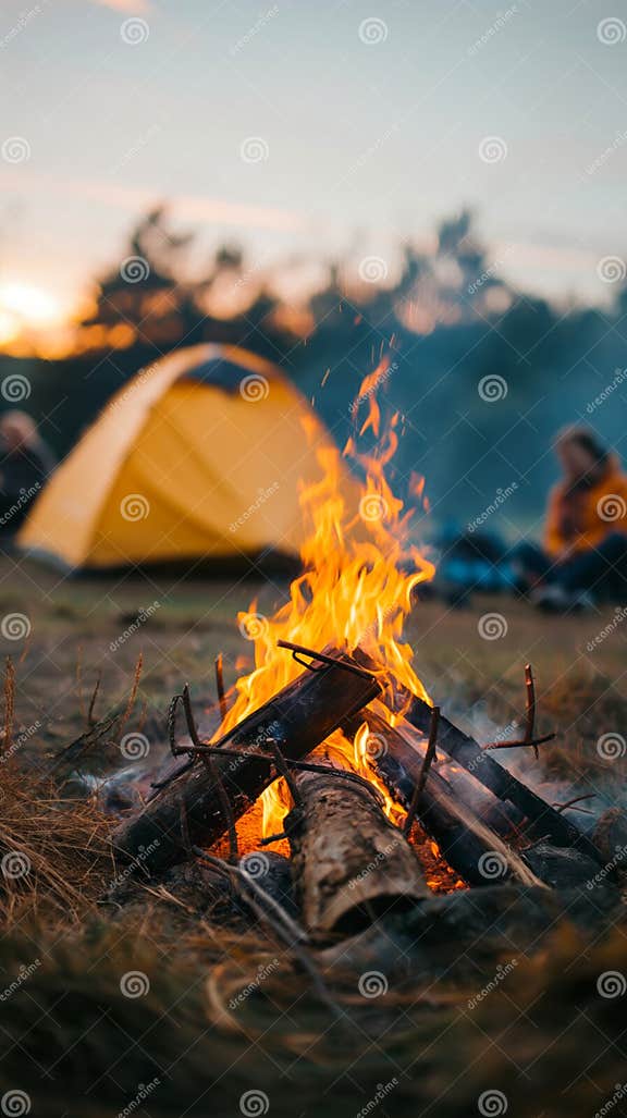 Camping Banner. Fire and Tent at Sunset. Campfire Stock Illustration ...