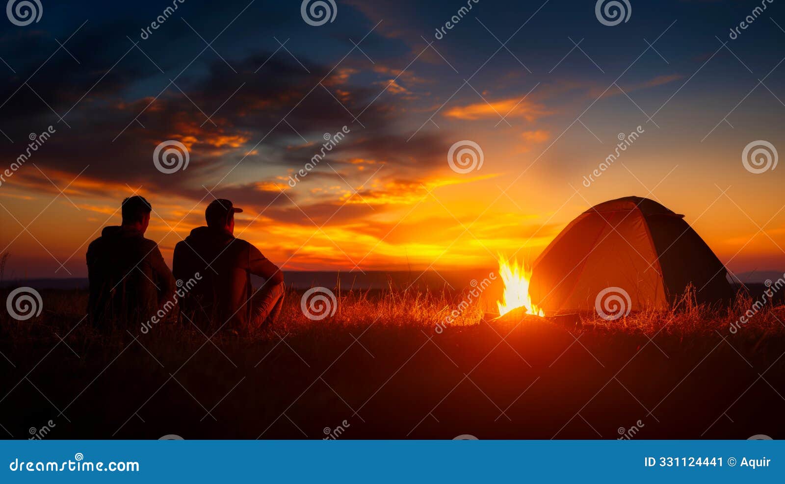 Camping Banner. Fire and Tent at Sunset. Campfire Stock Illustration ...