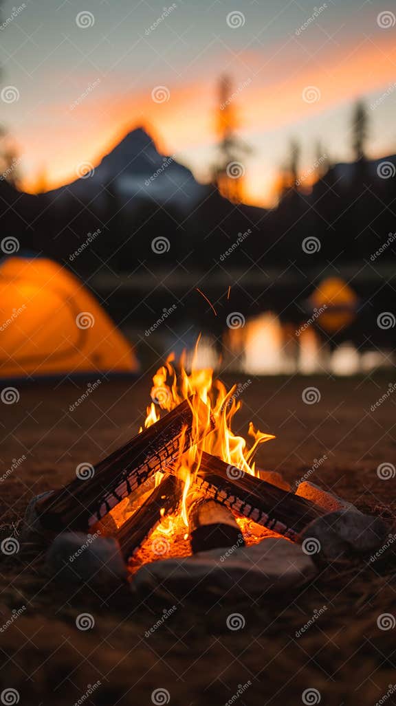 Camping Banner. Fire and Tent at Sunset. Campfire Stock Illustration ...
