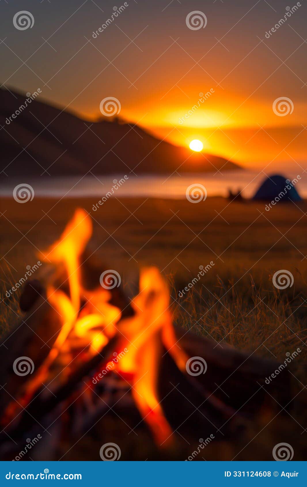 Camping Banner. Fire and Tent at Sunset. Campfire Stock Illustration ...