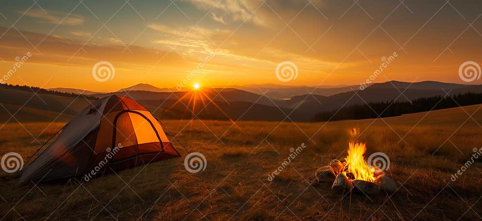 Camping Banner. Fire and Tent at Sunset. Campfire Stock Illustration ...
