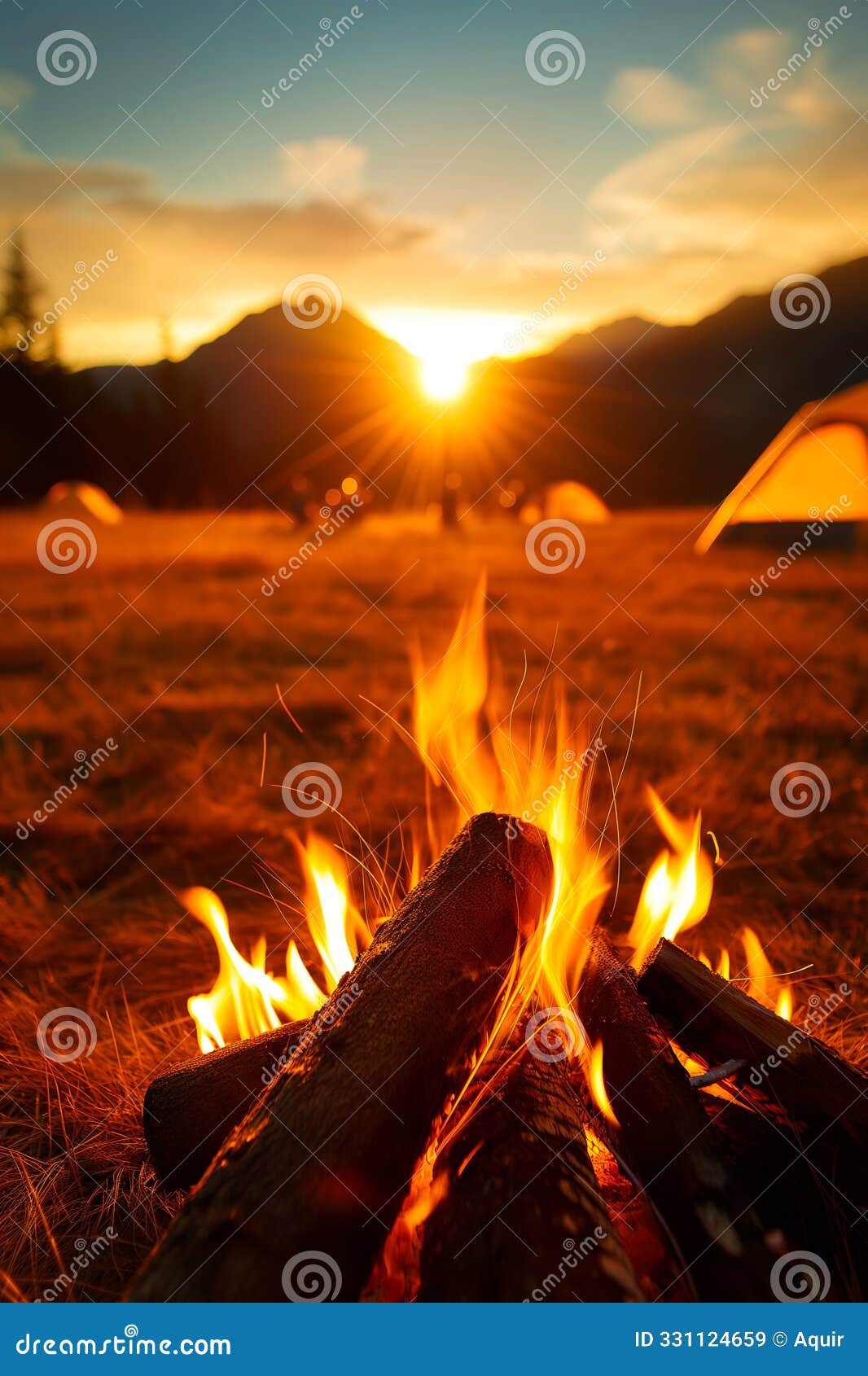 Camping Banner. Fire and Tent at Sunset. Campfire Stock Illustration ...