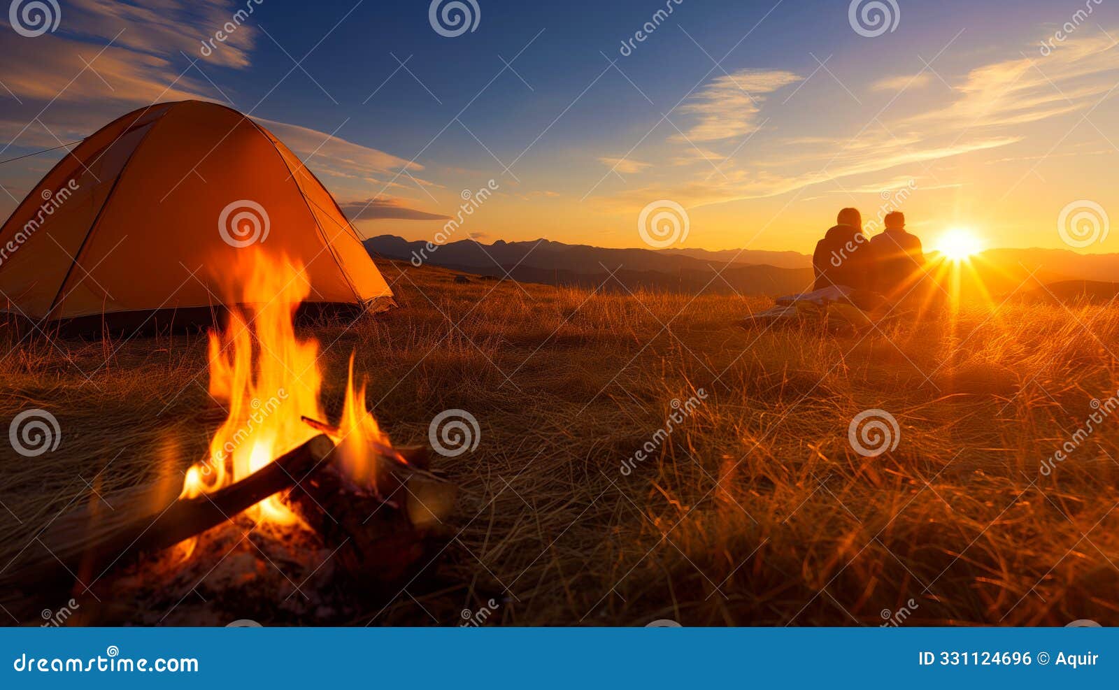 Camping Banner. Fire and Tent at Sunset. Campfire Stock Illustration ...