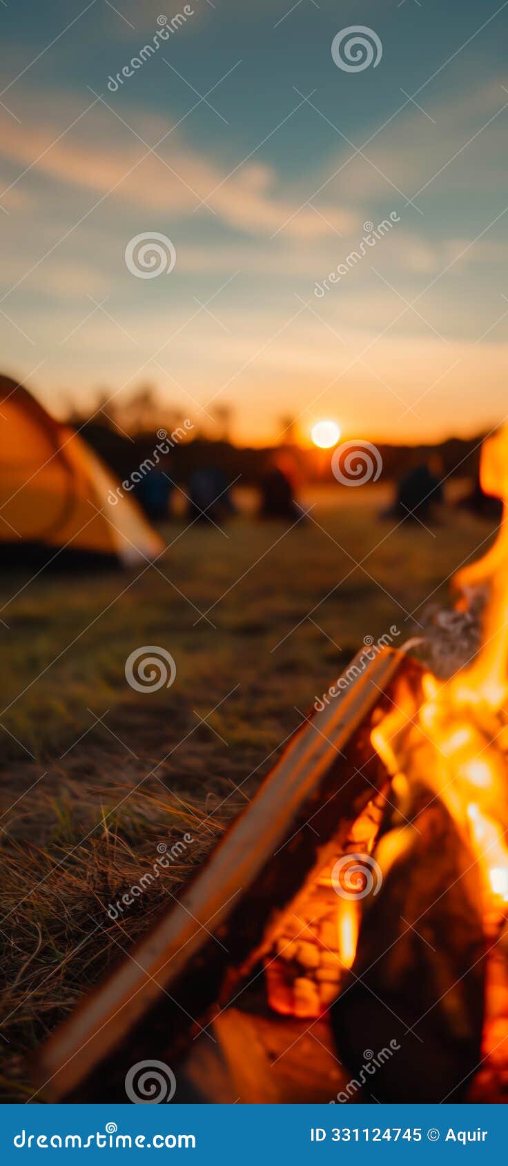 Camping Banner. Fire and Tent at Sunset. Campfire Stock Illustration ...