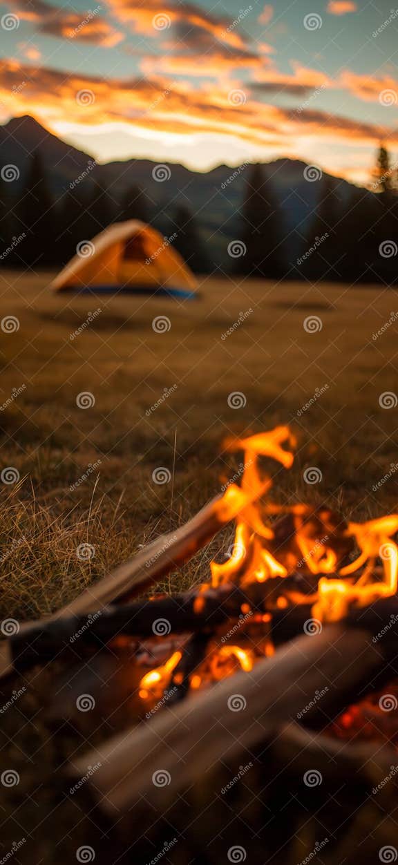 Camping Banner. Fire and Tent at Sunset. Campfire Stock Illustration ...