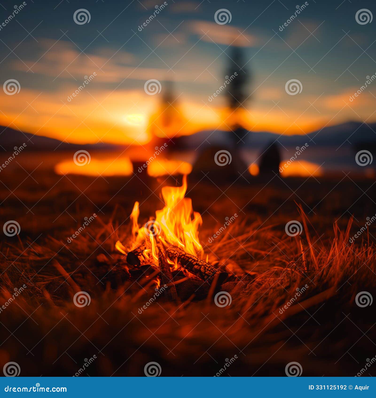 Camping Banner. Fire and Tent at Sunset. Campfire Stock Illustration ...