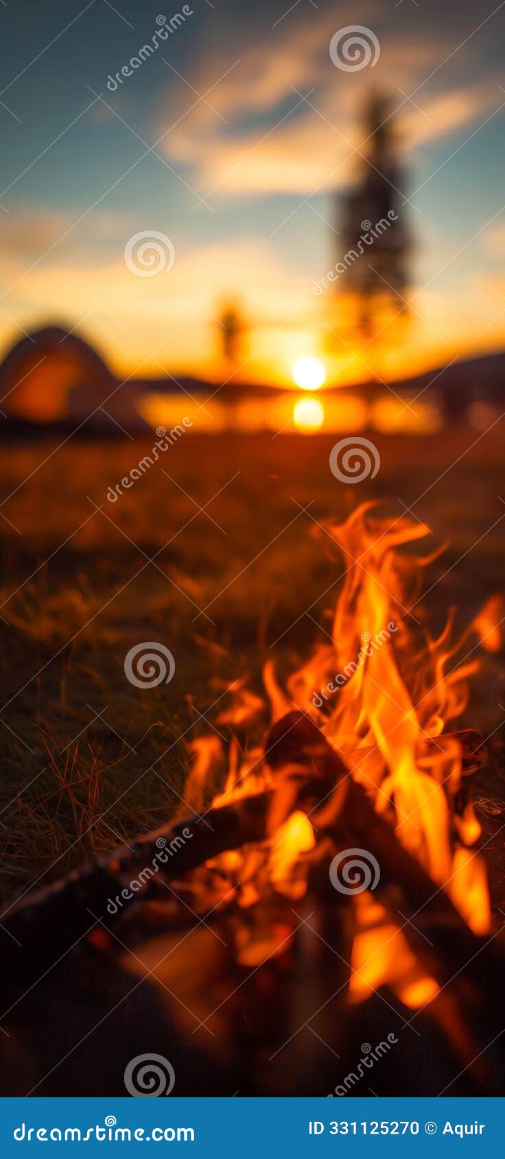 Camping Banner. Fire and Tent at Sunset. Campfire Stock Illustration ...