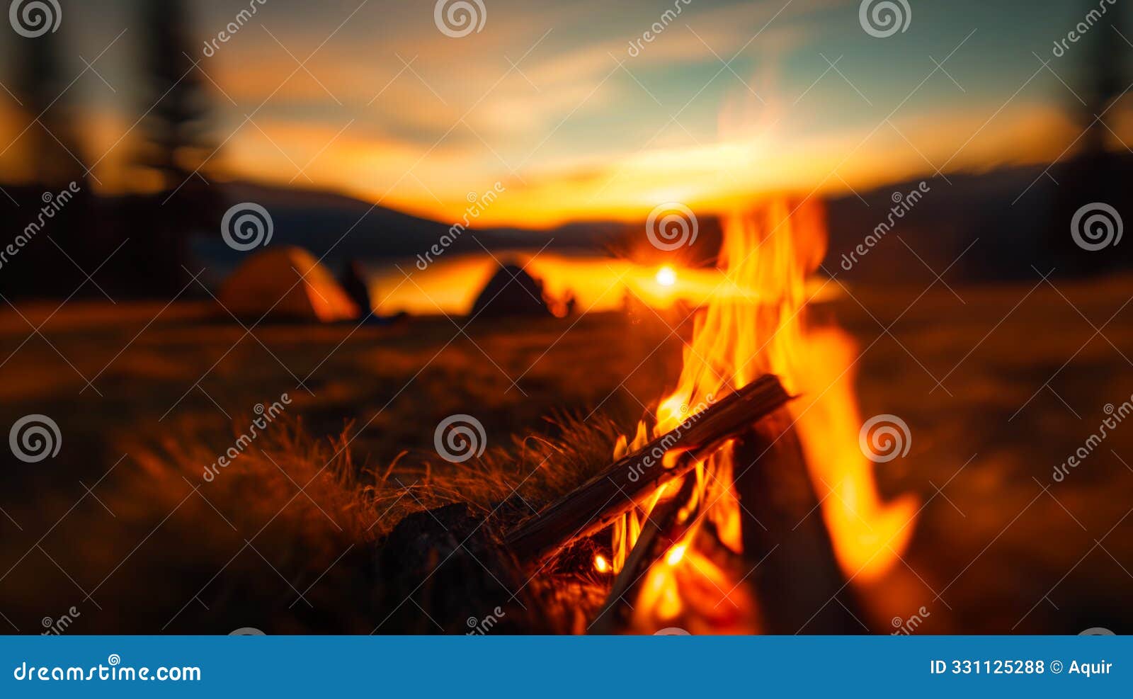 Camping Banner. Fire and Tent at Sunset. Campfire Stock Illustration ...