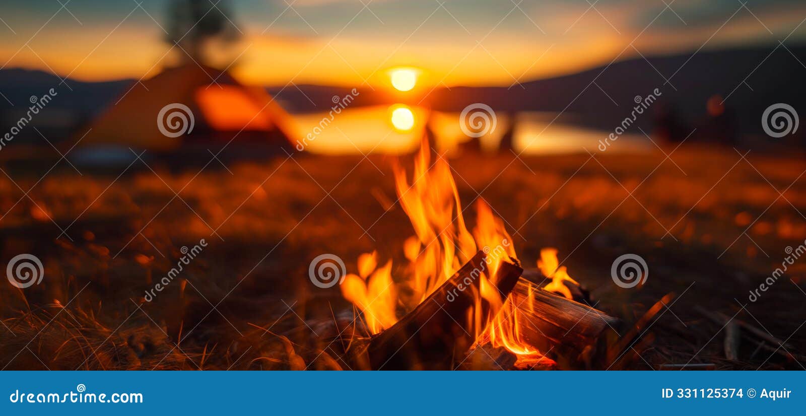 Camping Banner. Fire and Tent at Sunset. Campfire Stock Illustration ...