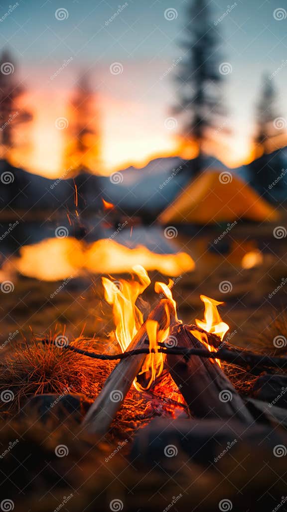 Camping Banner. Fire and Tent at Sunset. Campfire Stock Illustration ...