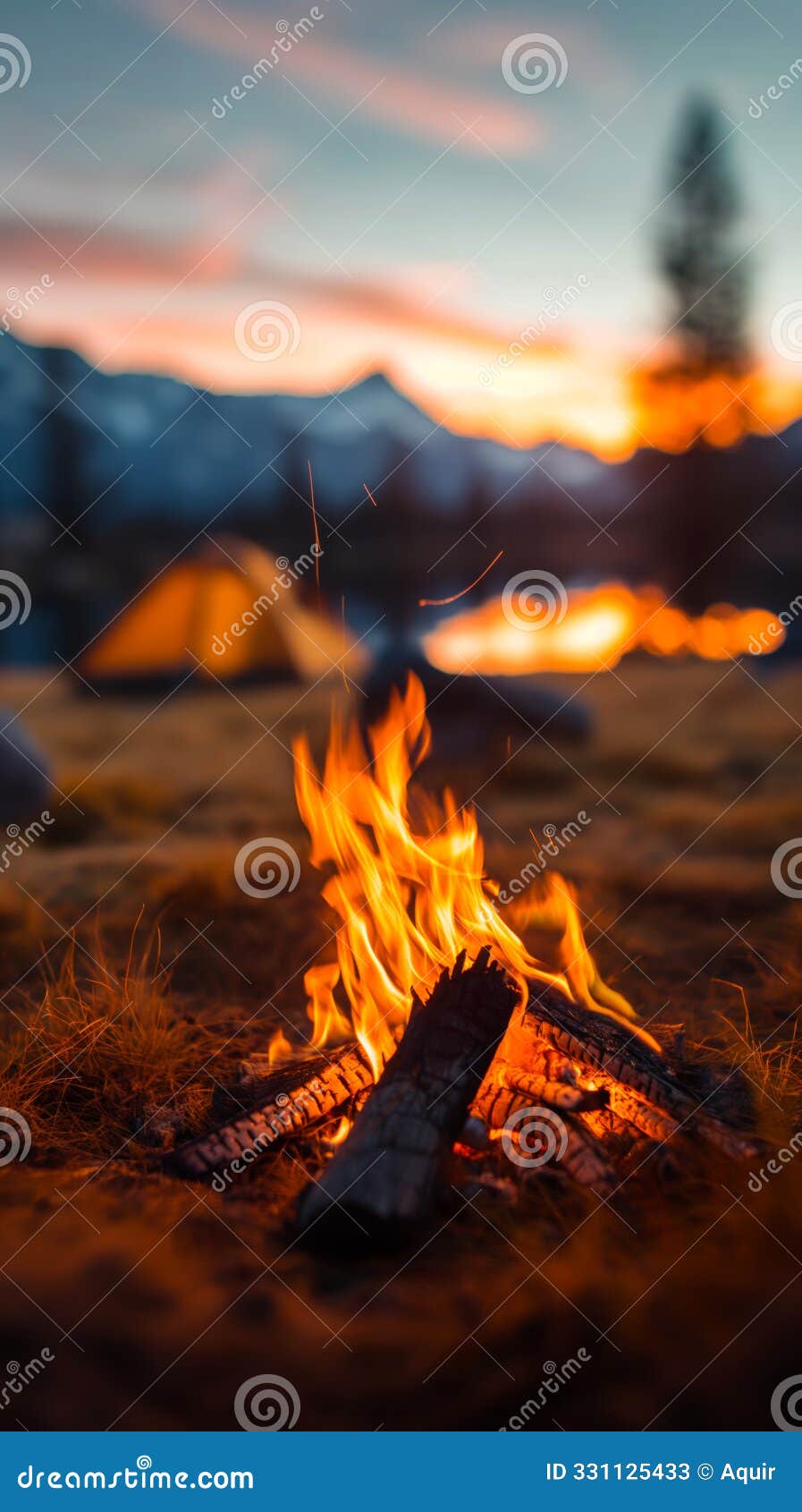 Camping Banner. Fire and Tent at Sunset. Campfire Stock Illustration ...