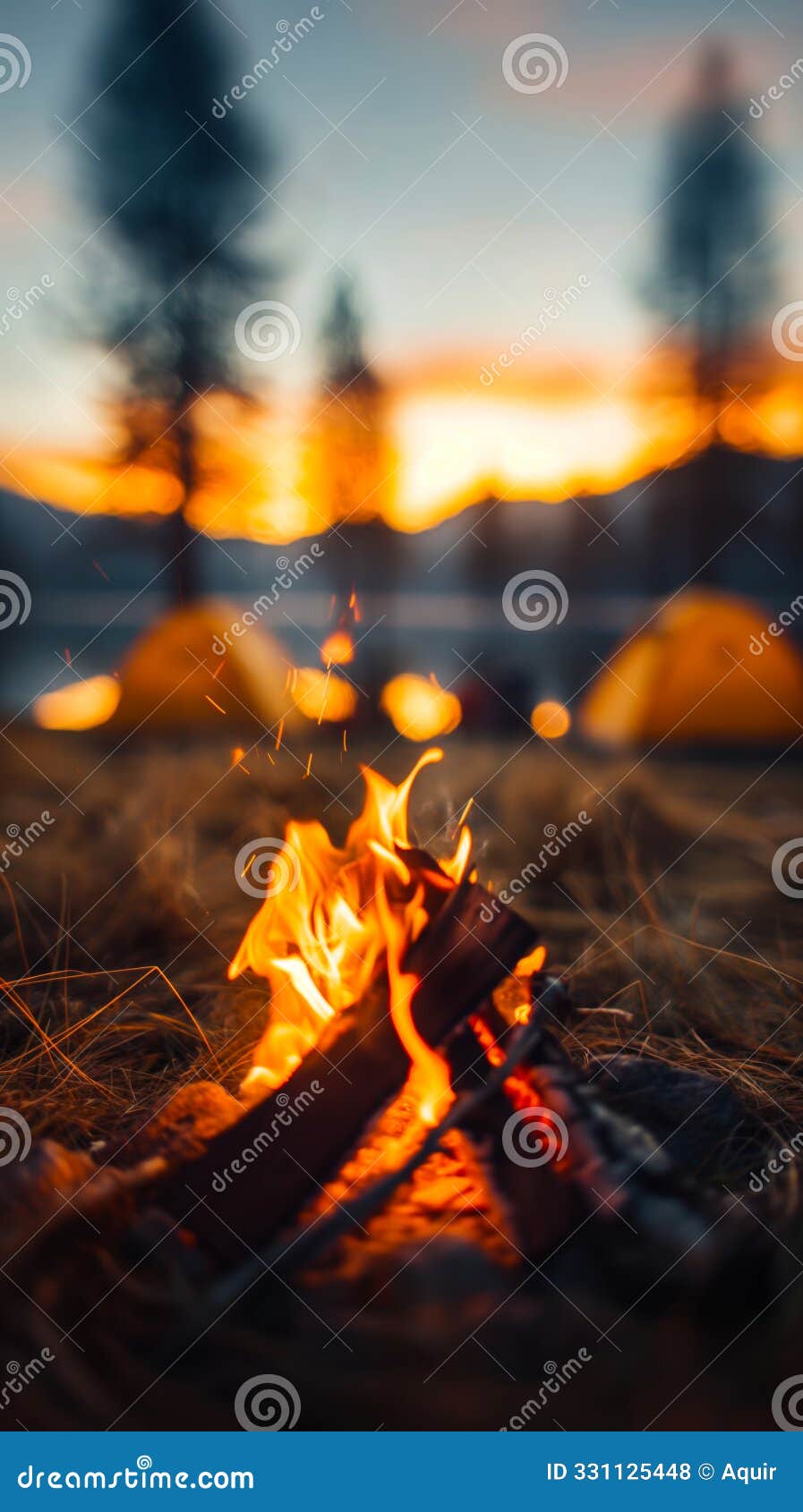 Camping Banner. Fire and Tent at Sunset. Campfire Stock Illustration ...