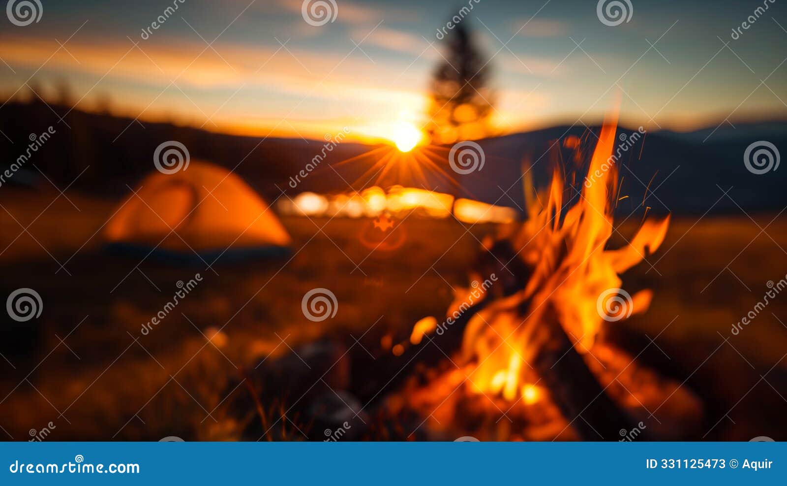 Camping Banner. Fire and Tent at Sunset. Campfire Stock Illustration ...