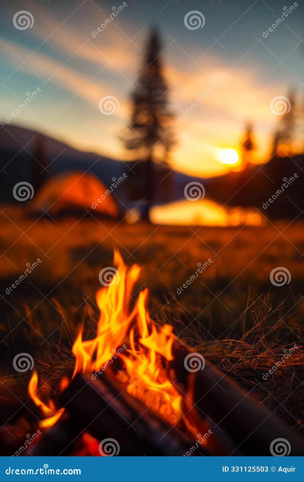 Camping Banner. Fire and Tent at Sunset. Campfire Stock Illustration ...