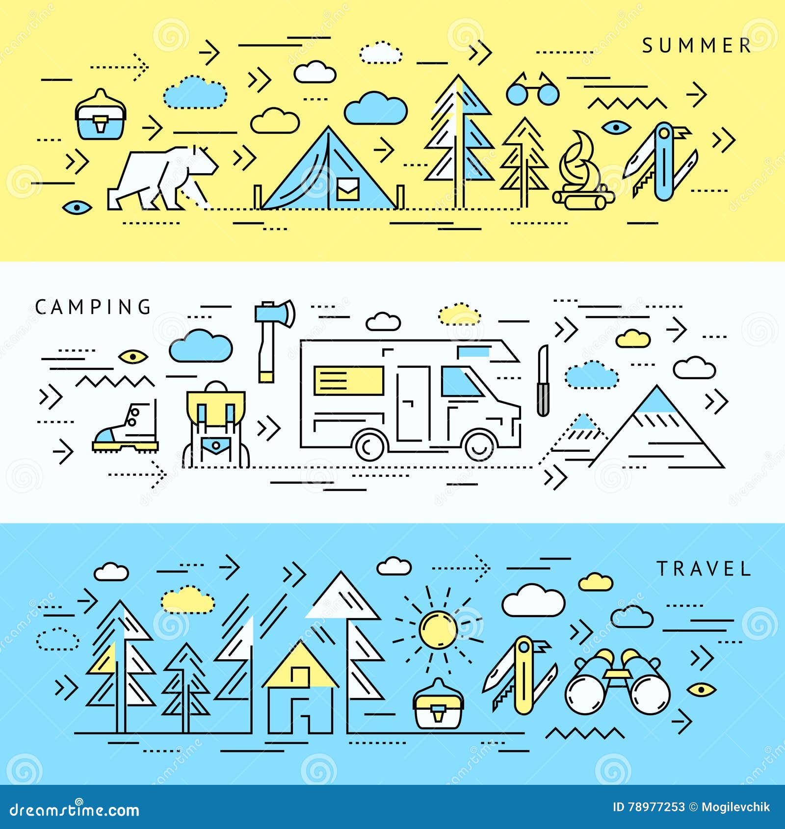Camping Banner Set stock vector. Illustration of flashlight - 78977253