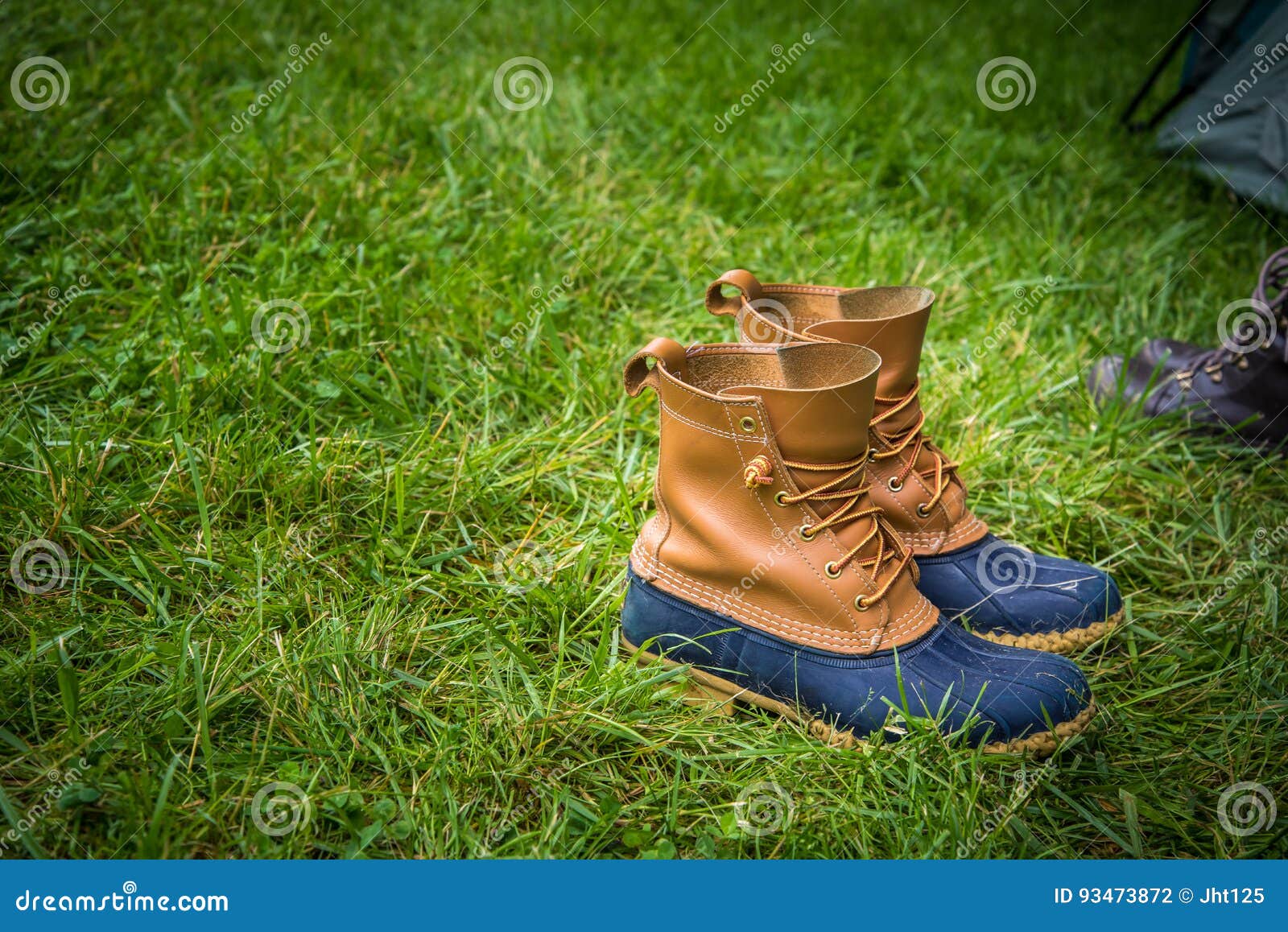 Camping boots in the grass stock photo. Image of black - 93473872