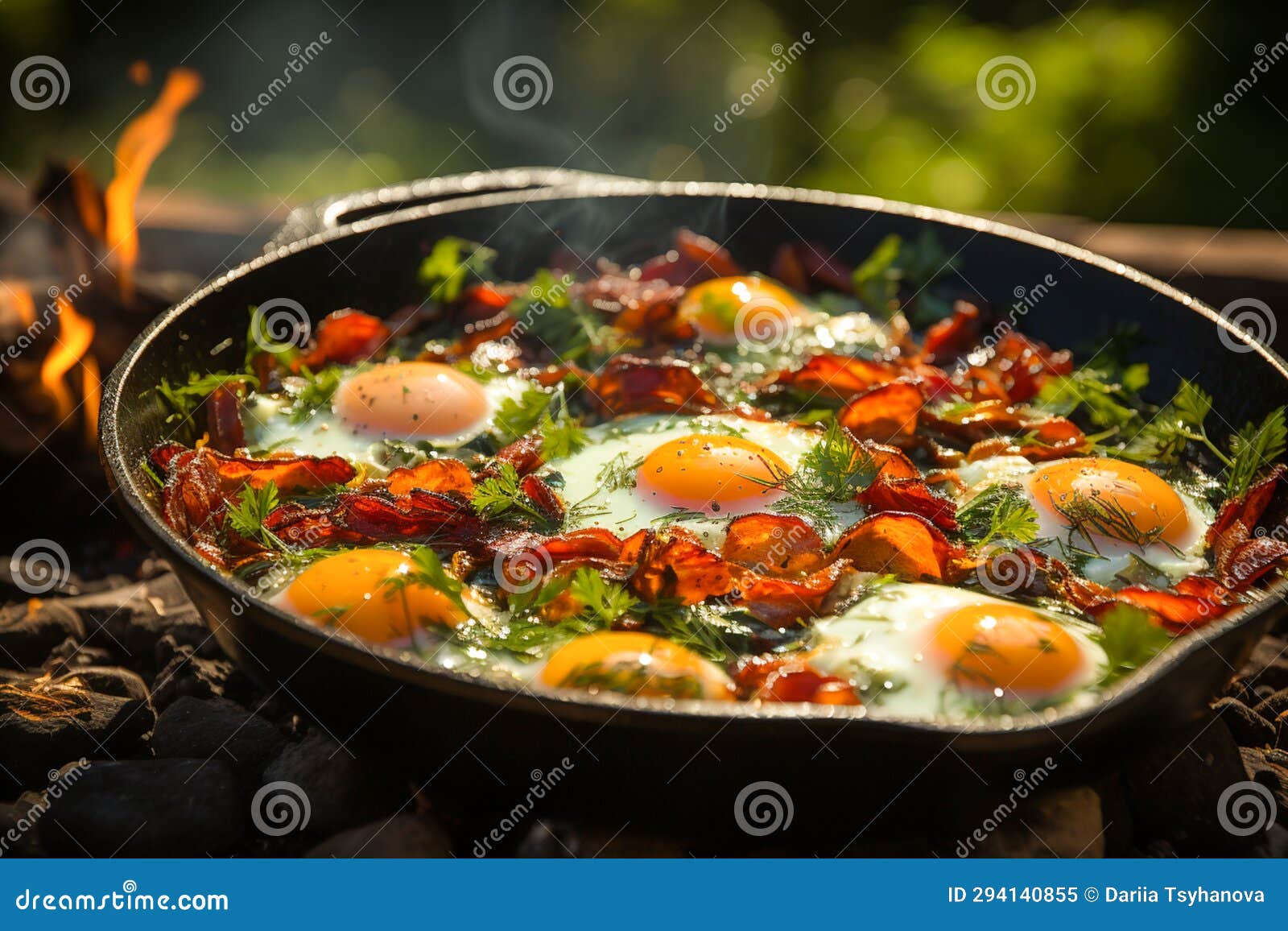 Camping Breakfast with Bacon and Eggs in a Cast Iron Skillet. Food at ...