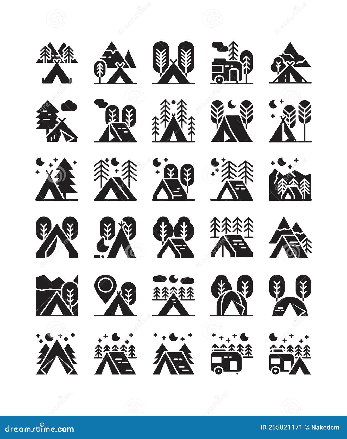 Camping, Campground Solid Icon Set Stock Vector - Illustration of ...