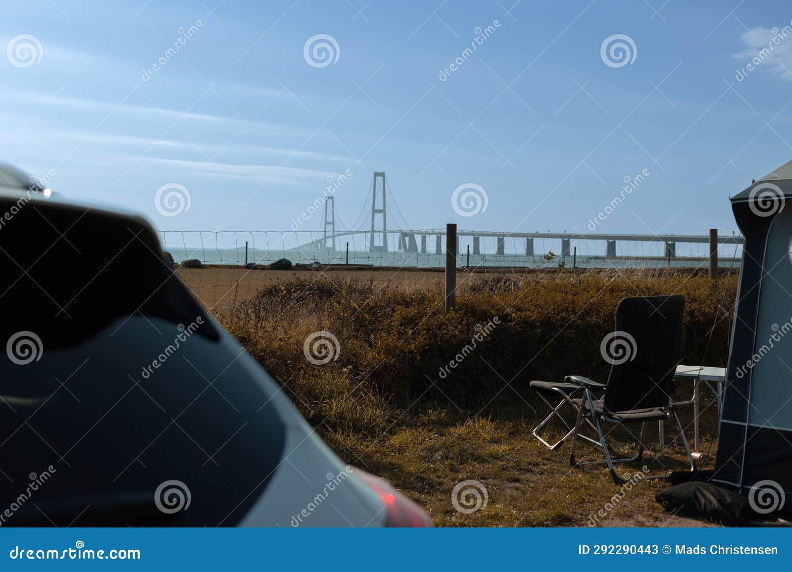 Camping Campsite with the View of Ocean, Bridge and Nice Nature Stock ...
