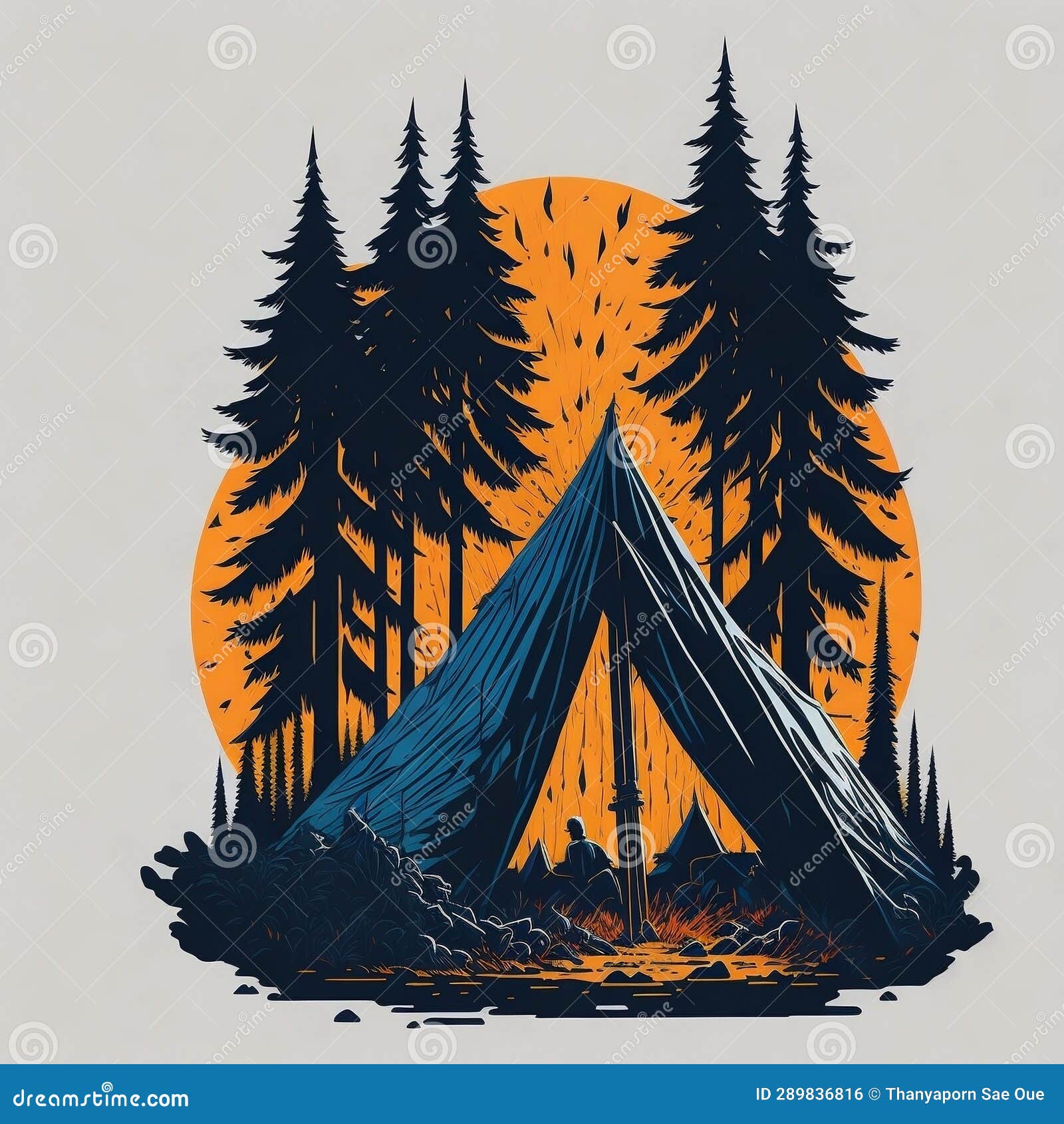 Camping Cartoon Icon Isolated on Back with Pine Tree and Circle Orange ...
