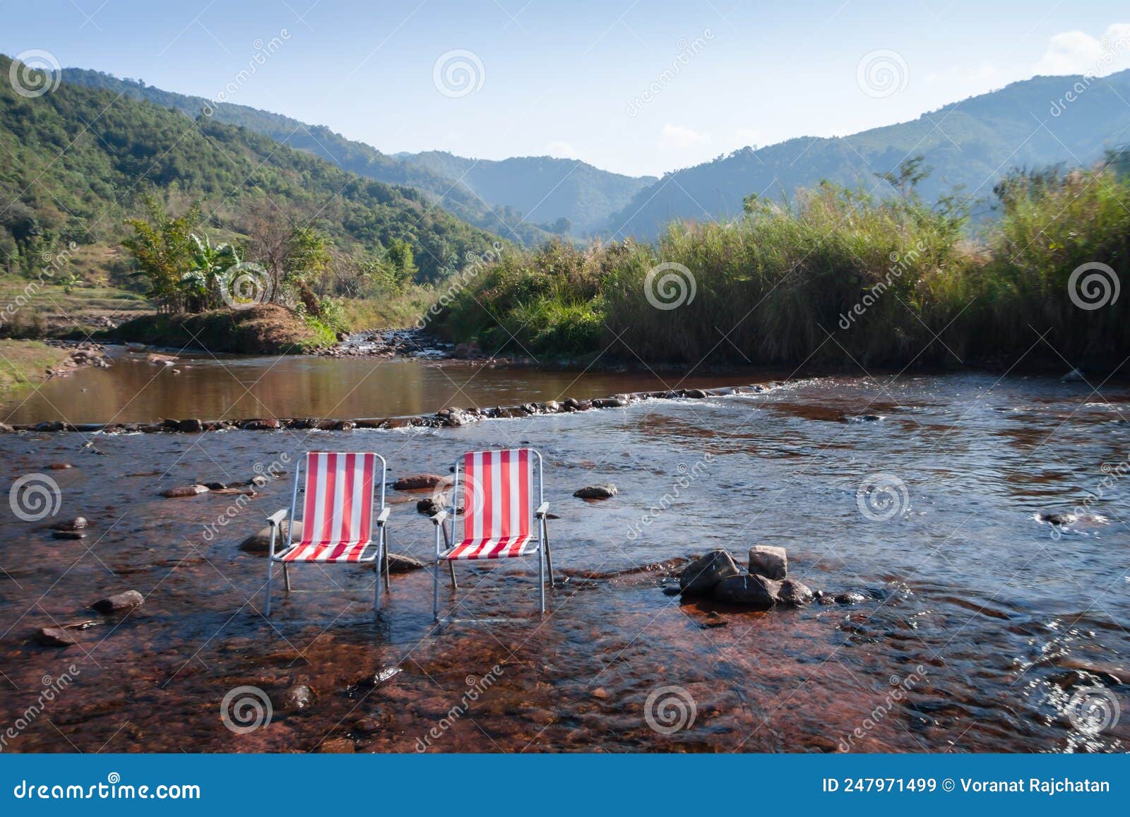 Camping Chairs in the River Stock Image - Image of green, stone: 247971499