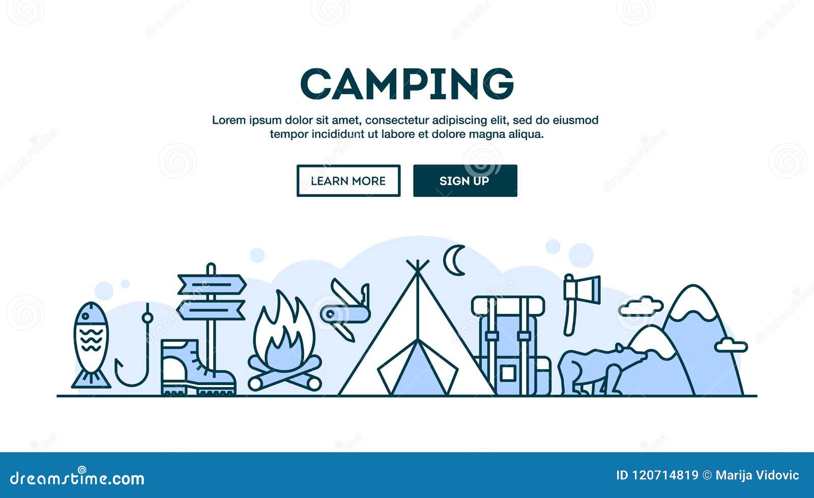 Camping, Concept Header, Flat Design Thin Line Style Stock Illustration ...