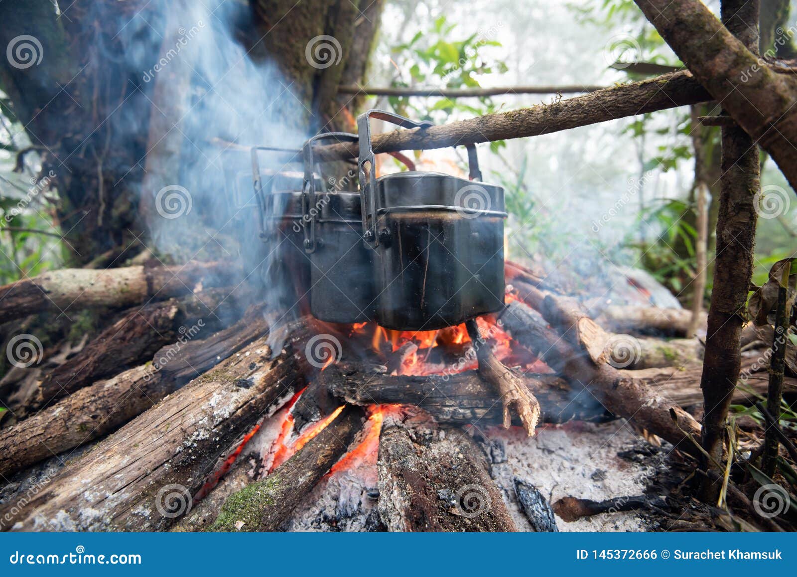Camping Cooking on a Campfire Outdoor Stock Photo - Image of flame ...