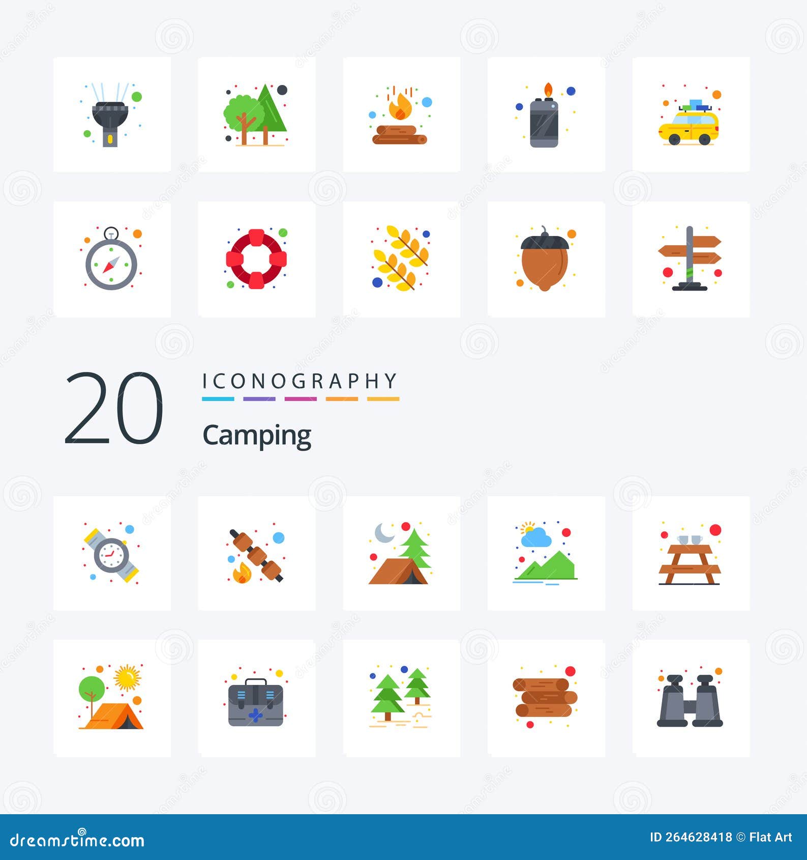 20 Camping Flat Color Icon Pack Like Camp Picnic Camp Bench Sun Stock ...