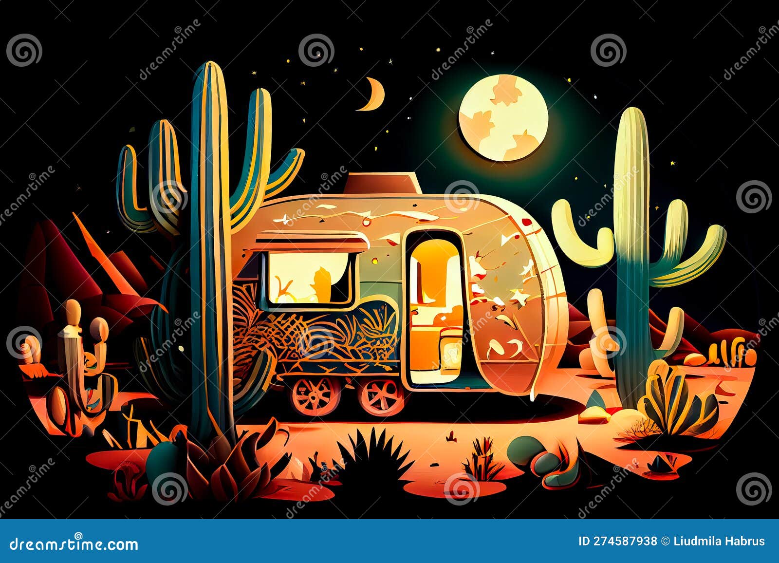 Camping in the Forest at Night with a Caravan. Generative AI Stock ...