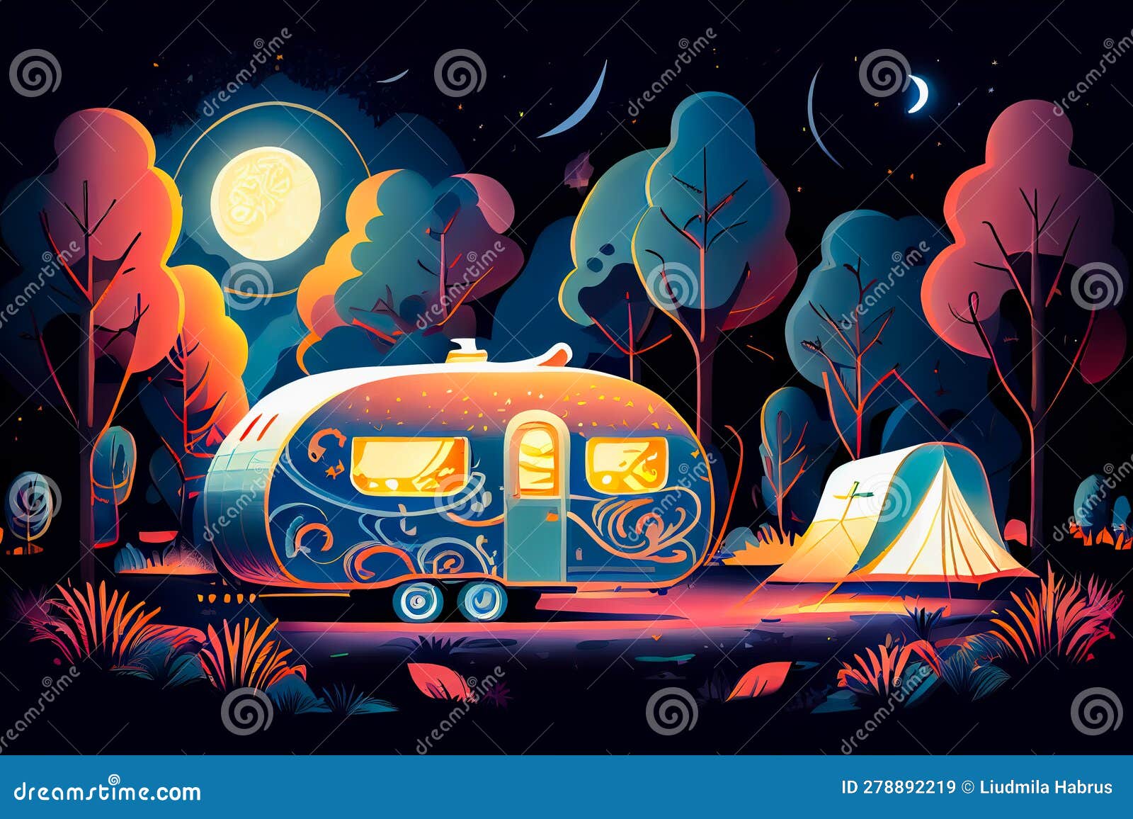 Camping in the Forest at Night with a Caravan. Generative AI Stock ...