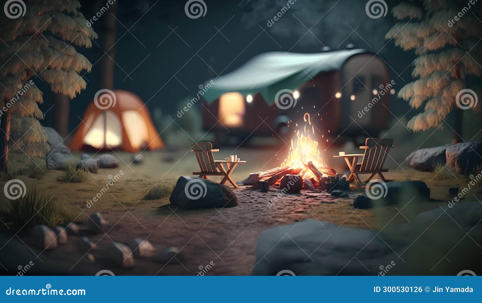 Camping in the Forest at Night. Camping Concept Stock Illustration - Illustration of ...