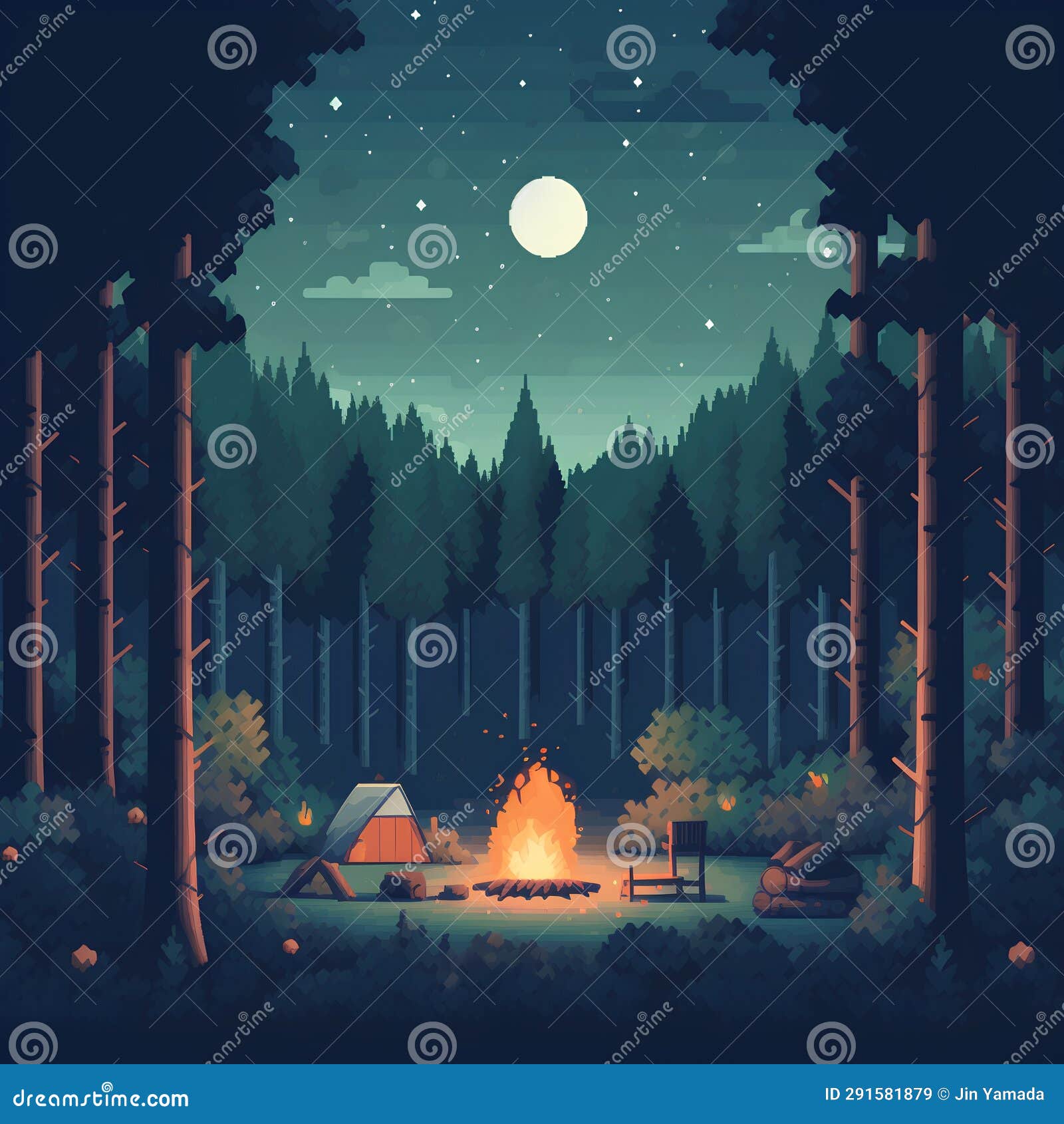 Camping in the Forest at Night. Vector Illustration in Cartoon Style ...