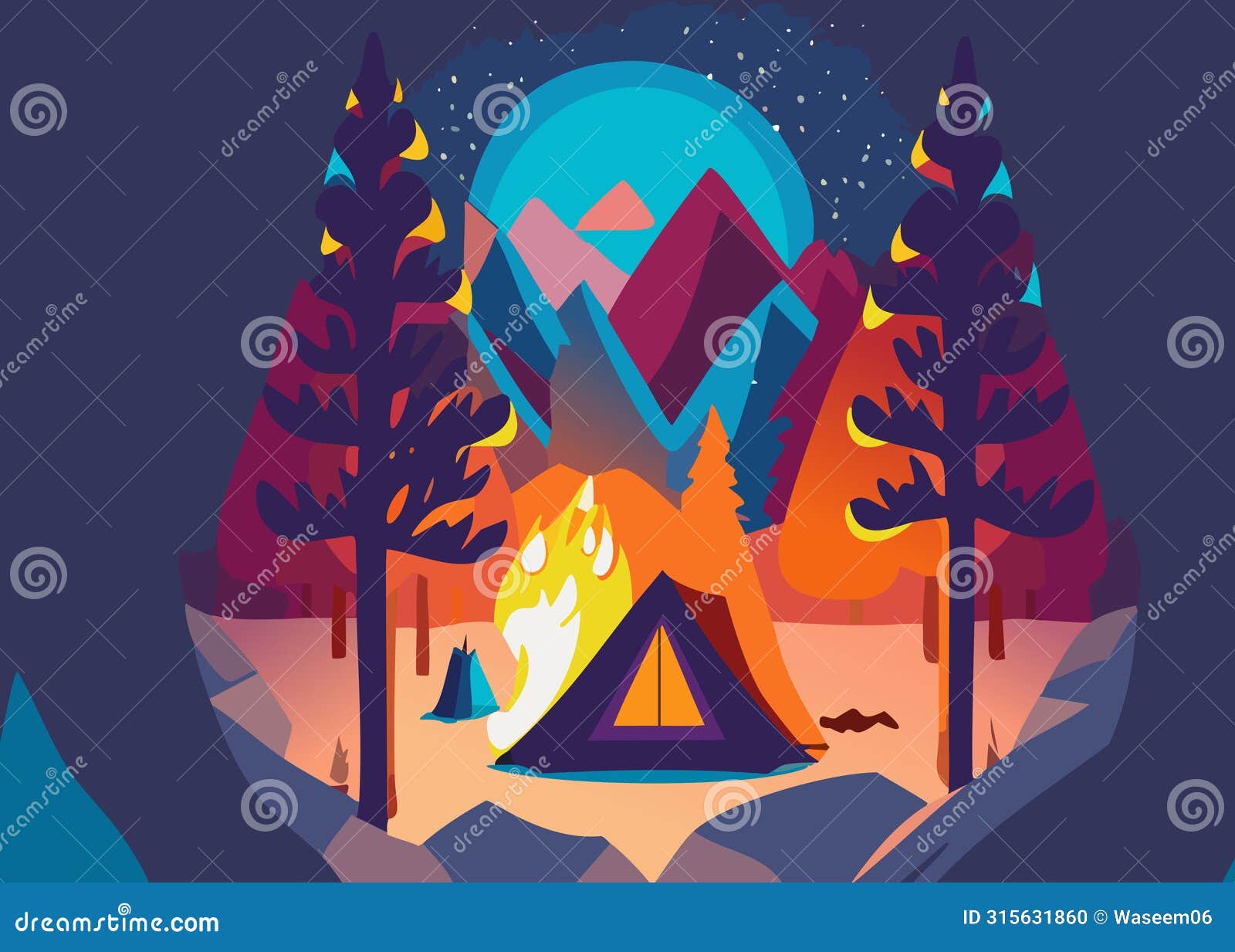 Camping in the Forest at Night. Vector Illustration in Flat Style Stock ...