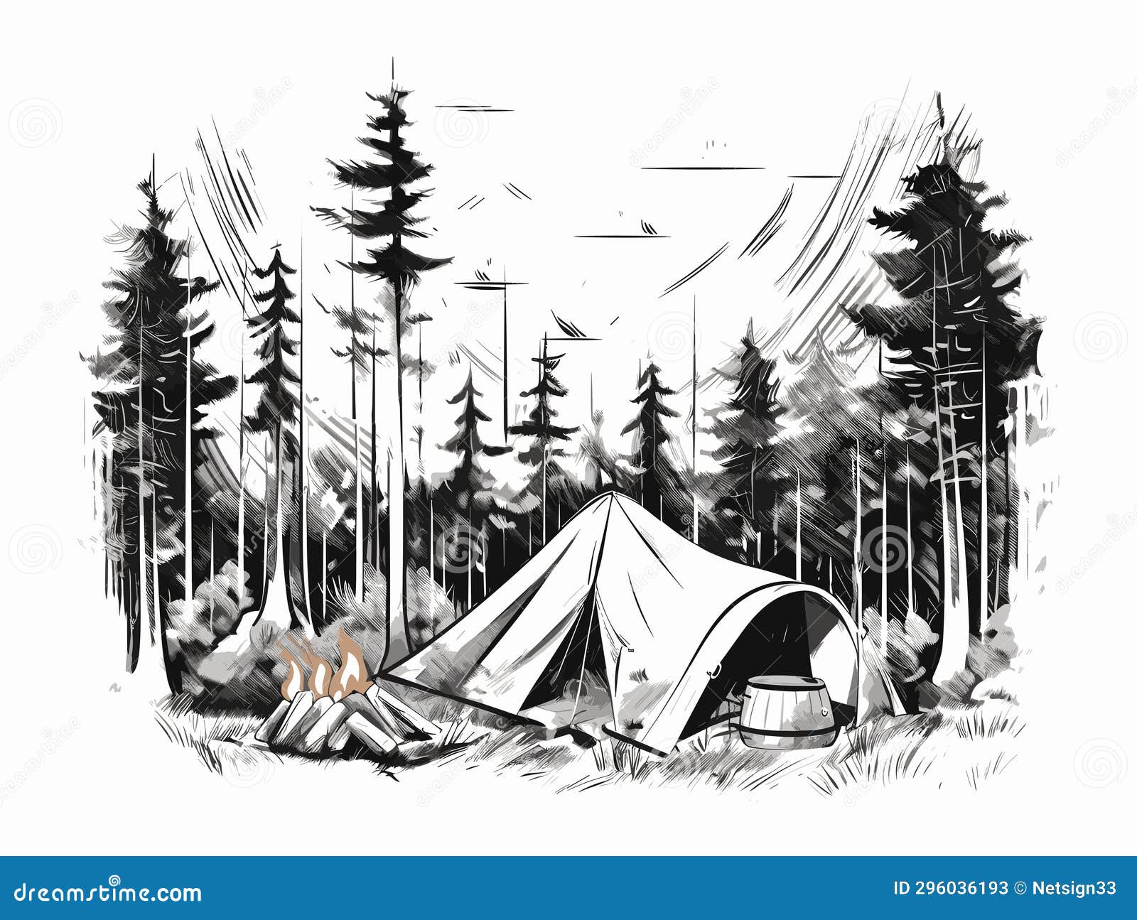 Camping in Forest with Tent and Campfire. in Hand-drawn Style Stock ...