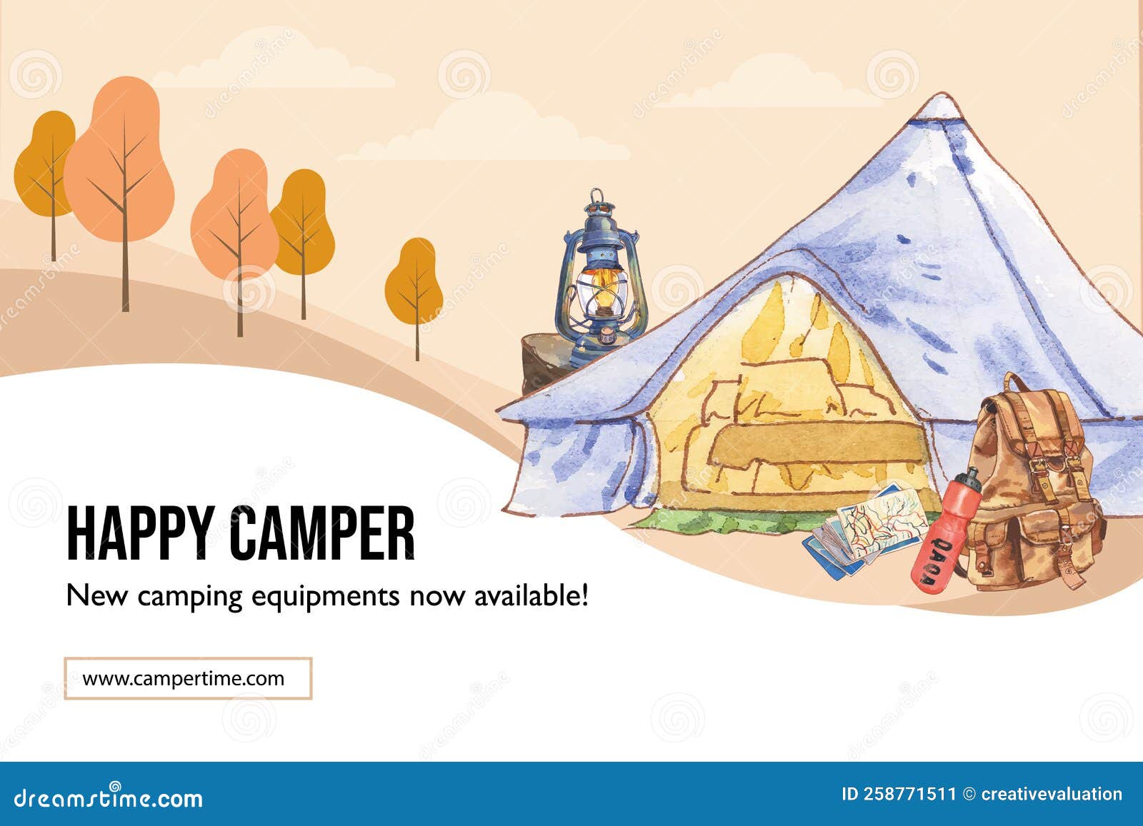 Camping Frame Design with Tent, Map, Backpack, Lantern, Flask ...